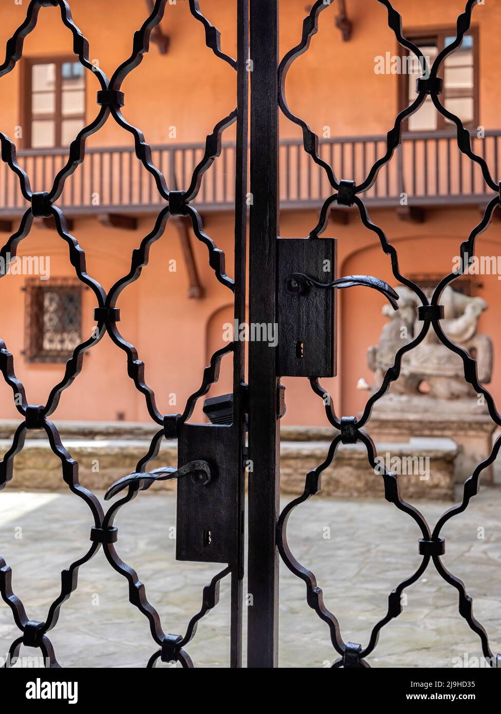 WARSAW, POLAND - MAY 17, 2022: Closeup of wrought iron gates at the ...