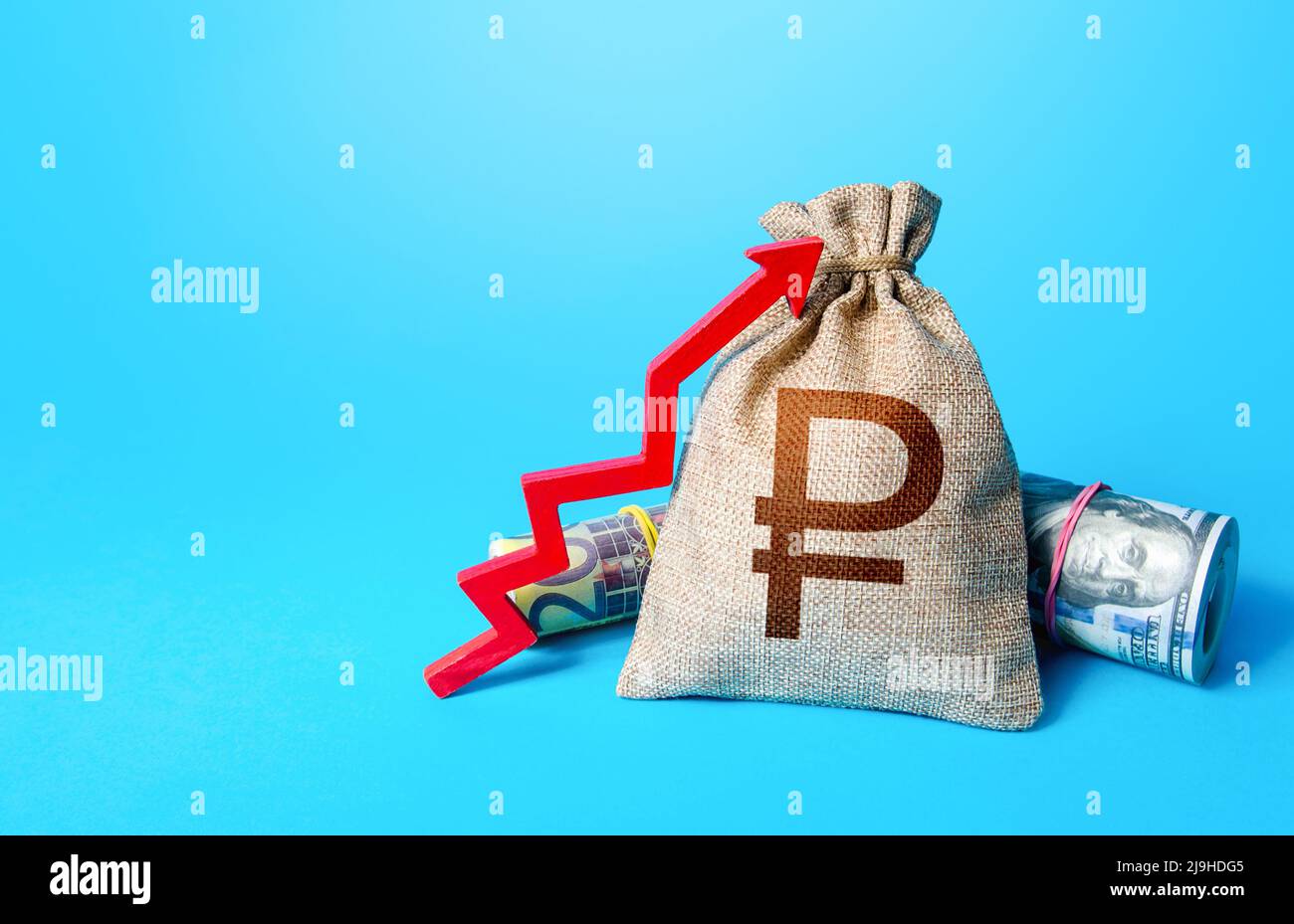 Russian ruble money bag and red up arrow. Economic growth, GDP ...