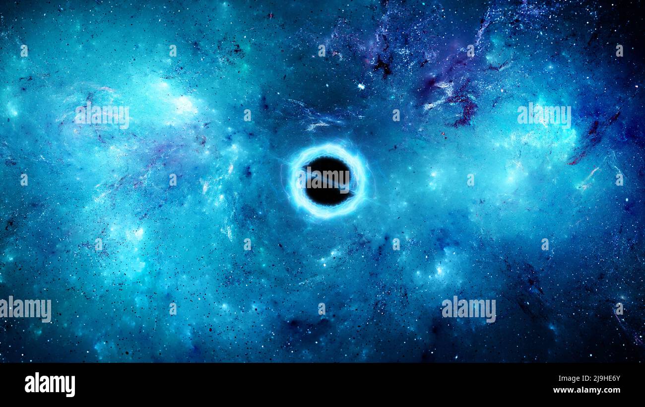 Black hole with accretion disk and blue glowing nebula, computer ...