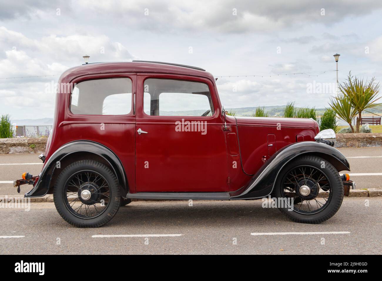 side view of 1930s vintage maroon Austin seven New Ruby in Exmouth ...