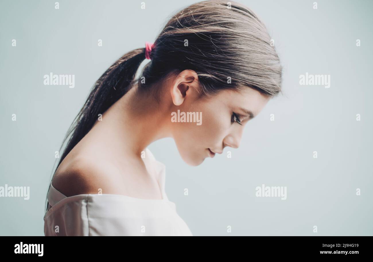 Thinking woman looking down. Problems solution. Overthinking girl Stock ...