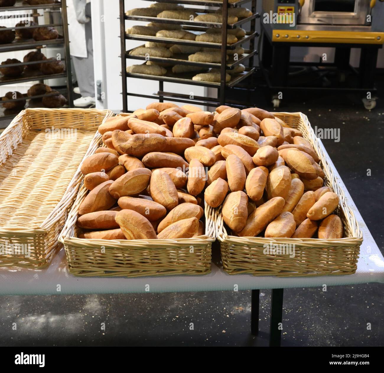 many loaves of fragrant baked bread in parisian bakery in france in ...