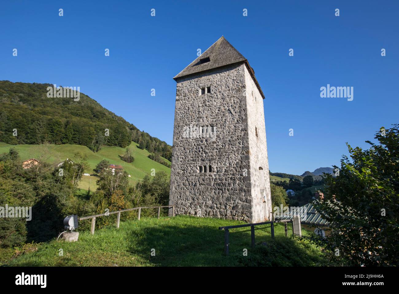 Germany, Bavaria, Marktschellenberg, Old medieval lookout tower in ...