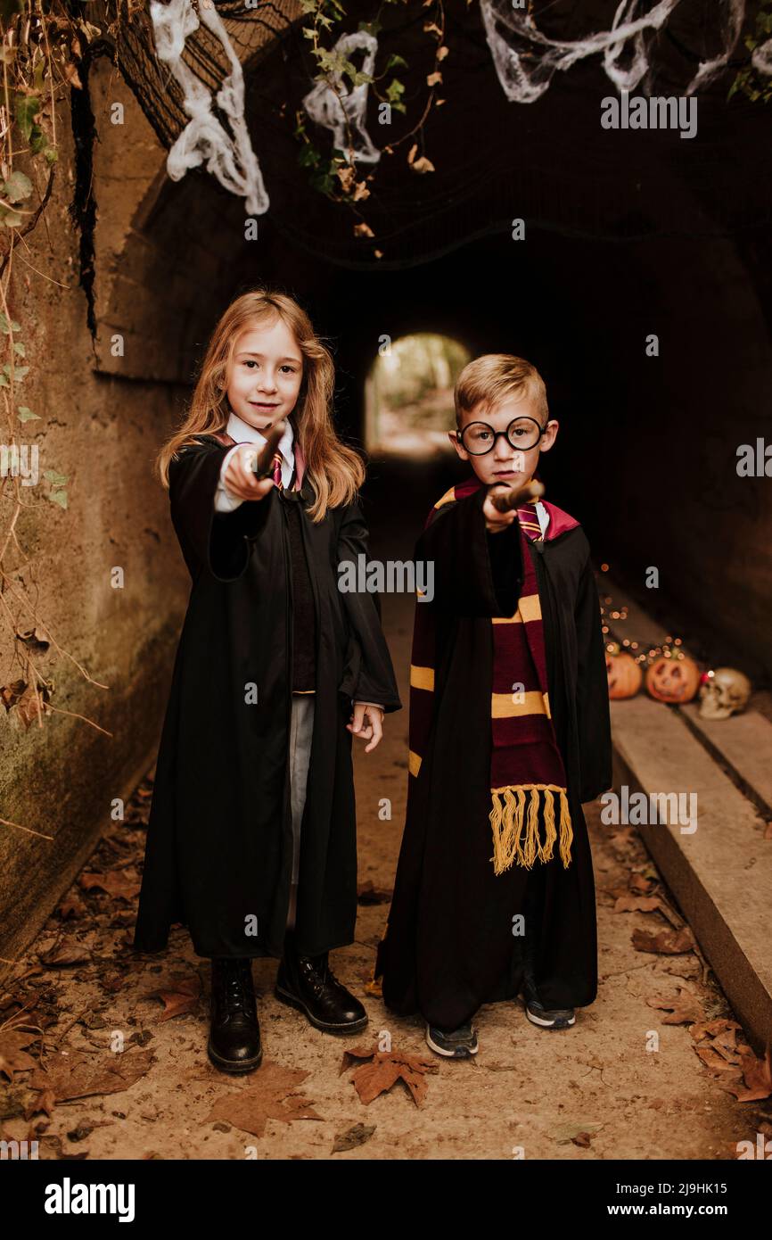 Boy and girl in witch and wizard costumes pointing magic wands Stock ...