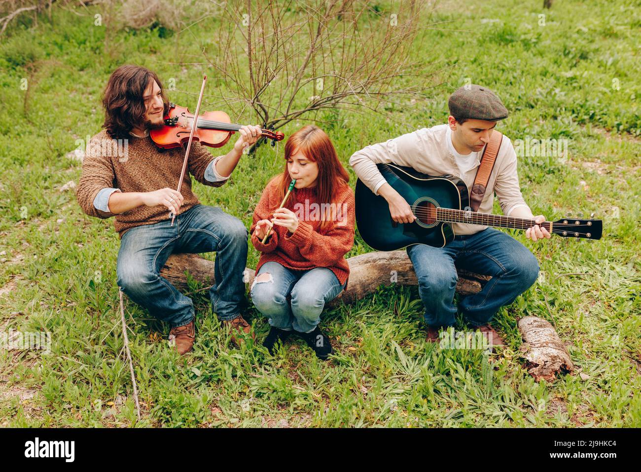 Artists practicing musical instruments sitting on log in field Stock ...