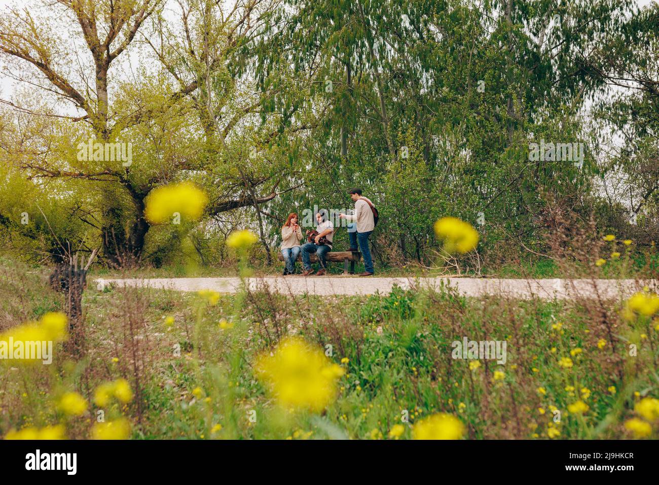 Musicians with musical instruments practicing at roadside Stock Photo ...