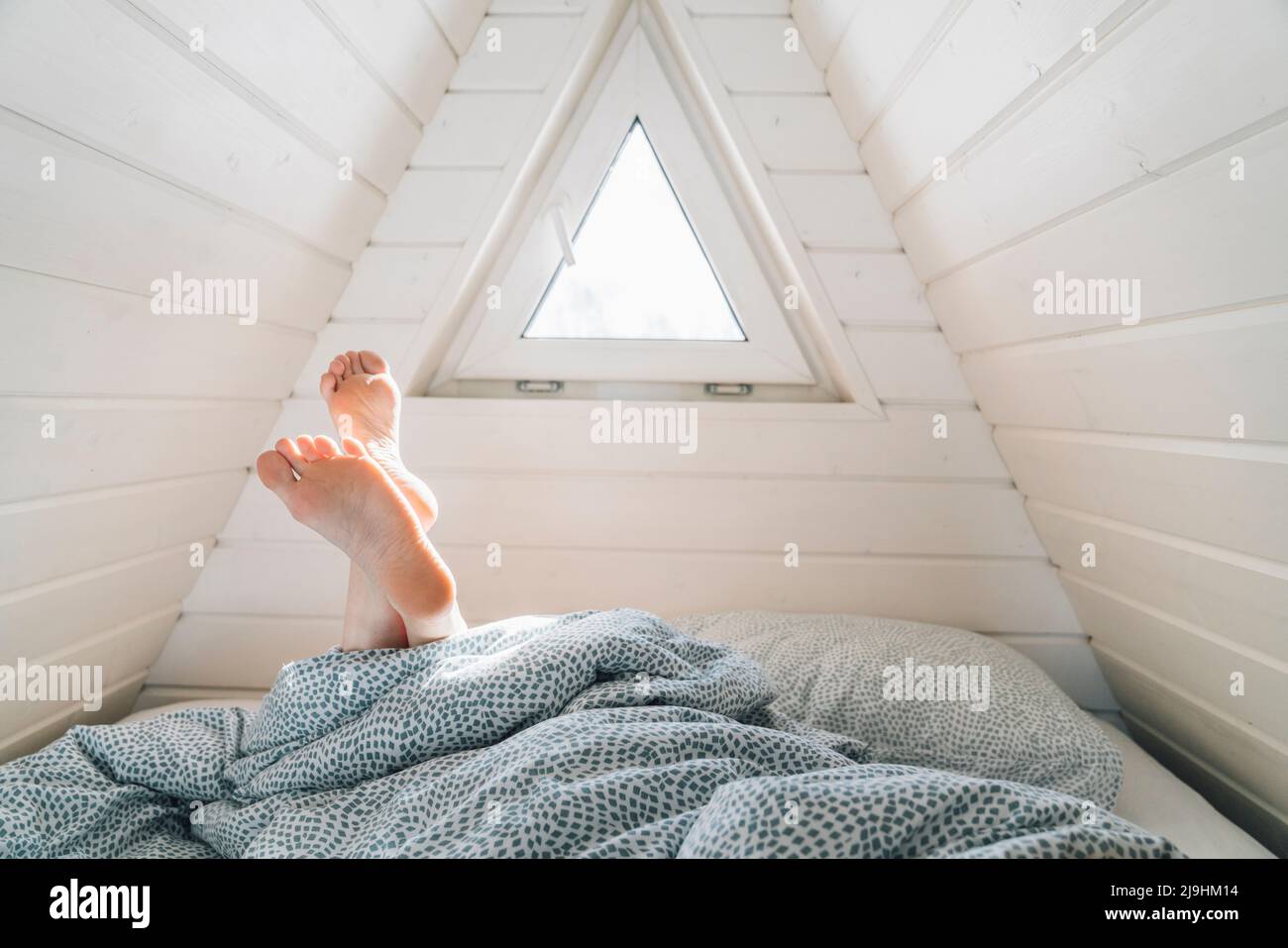 Sunlight passing through window on legs of woman resting on bed in ...