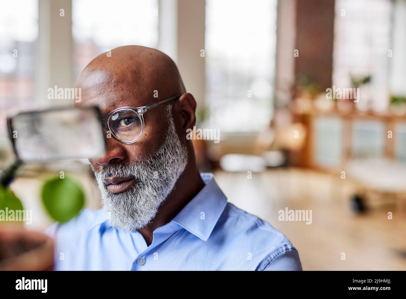 Scientist looking through magnifying glass at home Stock Photo - Alamy