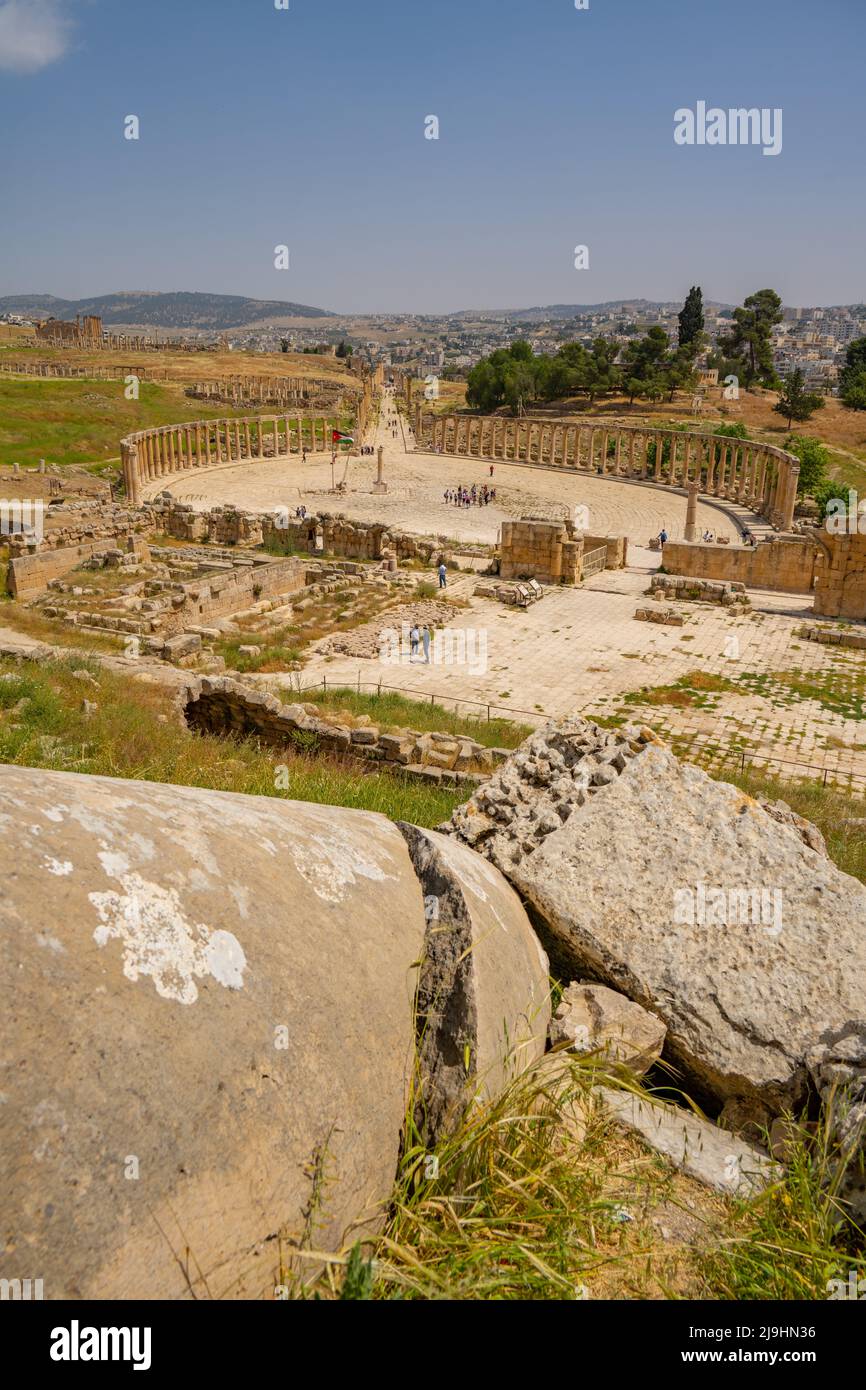 The Forum in the Roman ruins of Jerash from the upper temple of Zeus ...