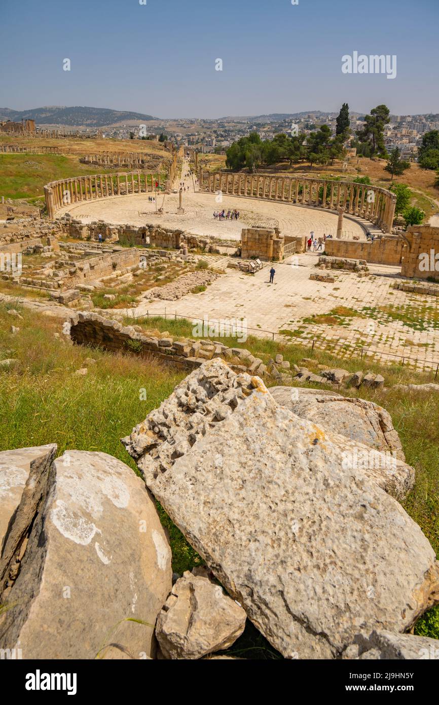 The Forum in the Roman ruins of Jerash from the upper temple of Zeus ...