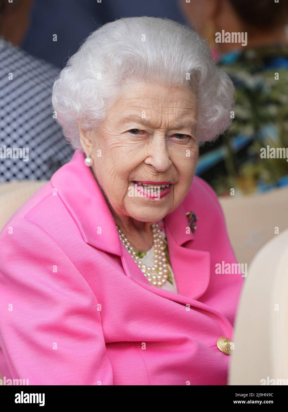 Queen Elizabeth II, sitting in a buggy, during a visit by members of ...