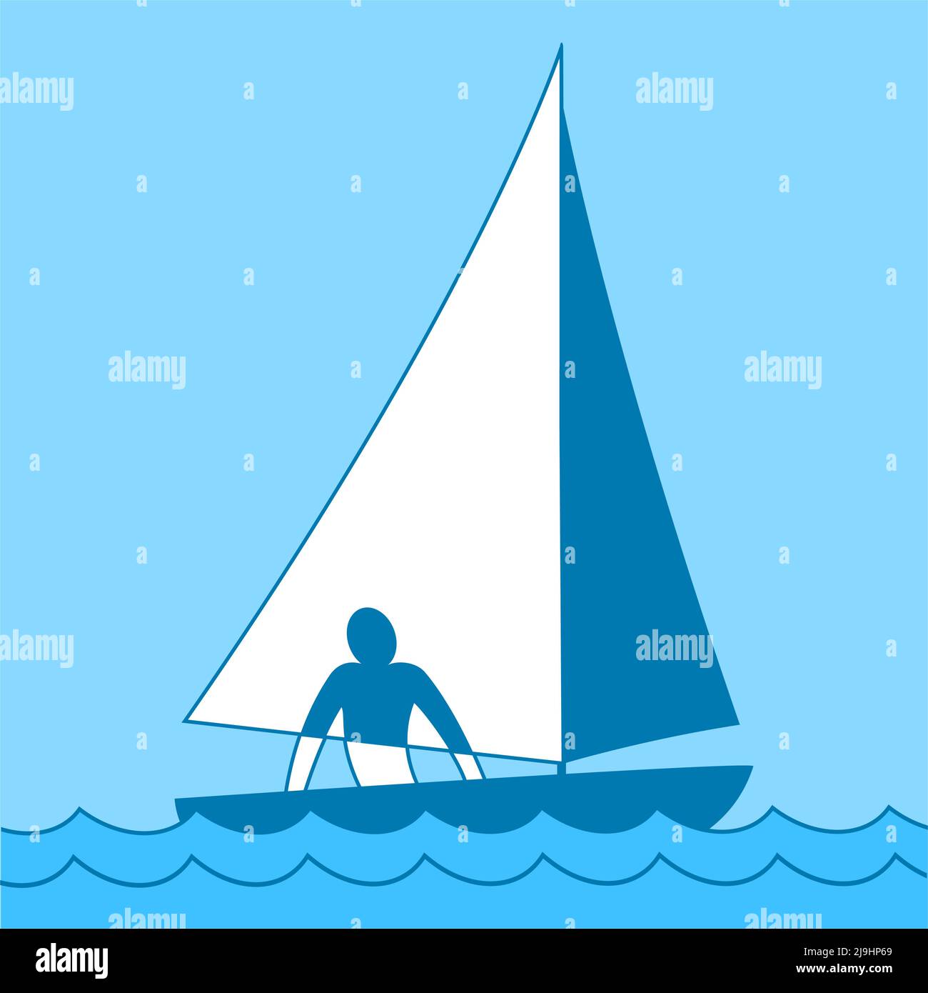 Small sailing boat. Sloop. Ship coming through waves under sail. Man on ...