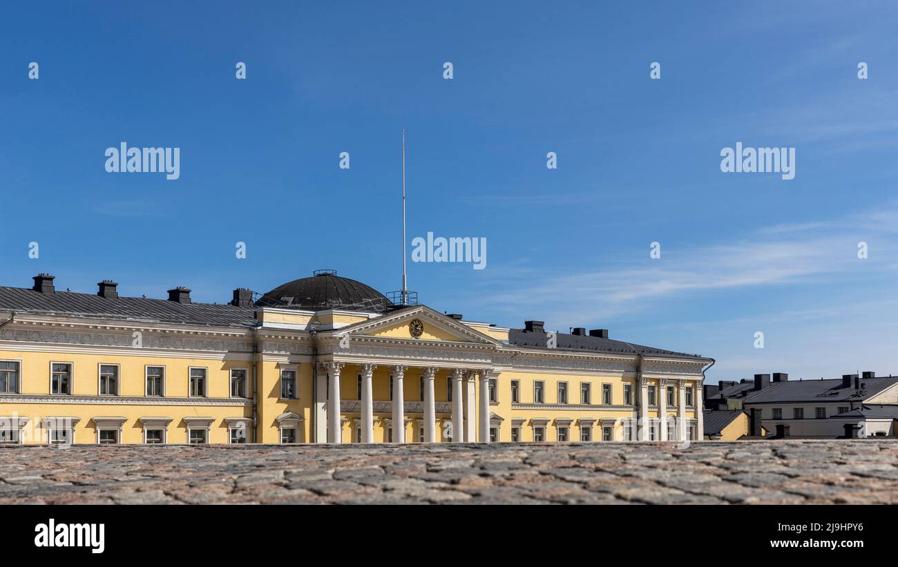 Finnish government building standing downtown Helsinki on a bright ...