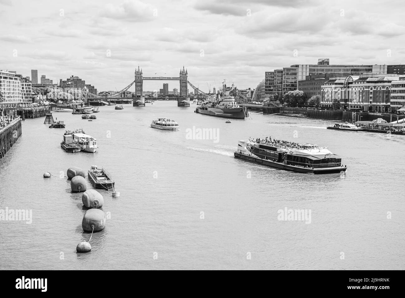 A black and white image of the London skyline as a passenger craft ...