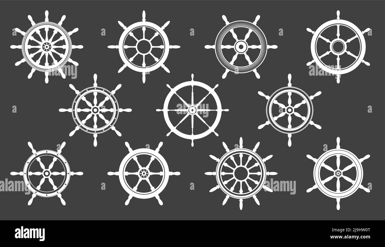 Collection of white vintage steering wheels. Ship, yacht retro wheel ...