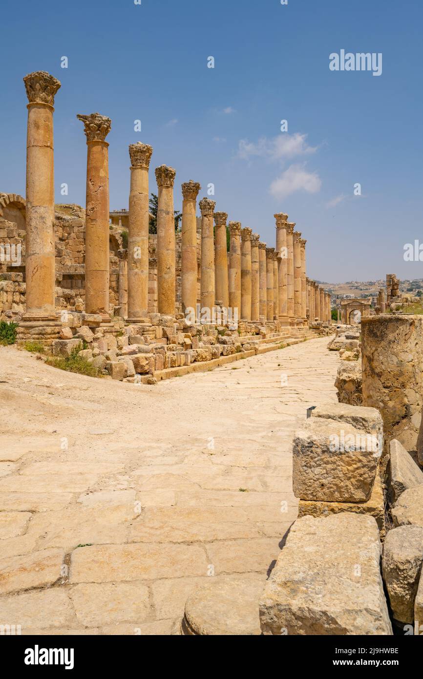 The view along Cardo Maximus in the roman ruins of Jerash Stock Photo ...