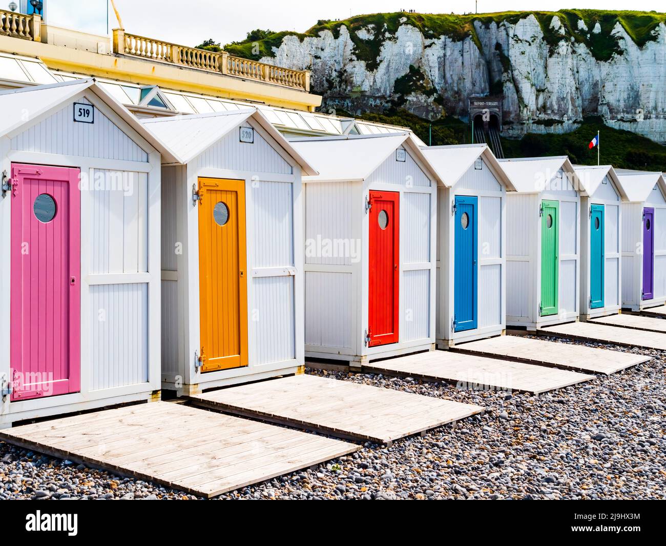 Colorful bathing huts in Le Treport beach, Normandy, France Stock Photo ...