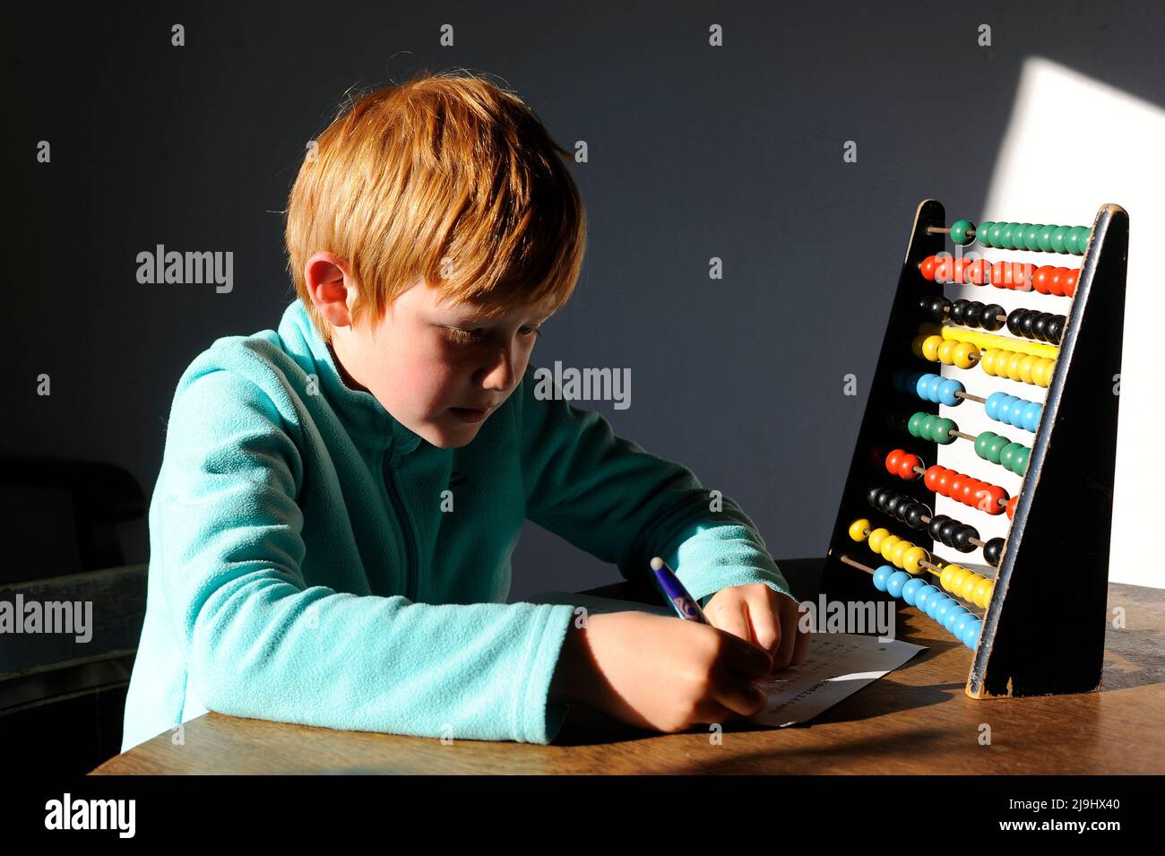 Boy doing homework with abacus on table at home Stock Photo - Alamy