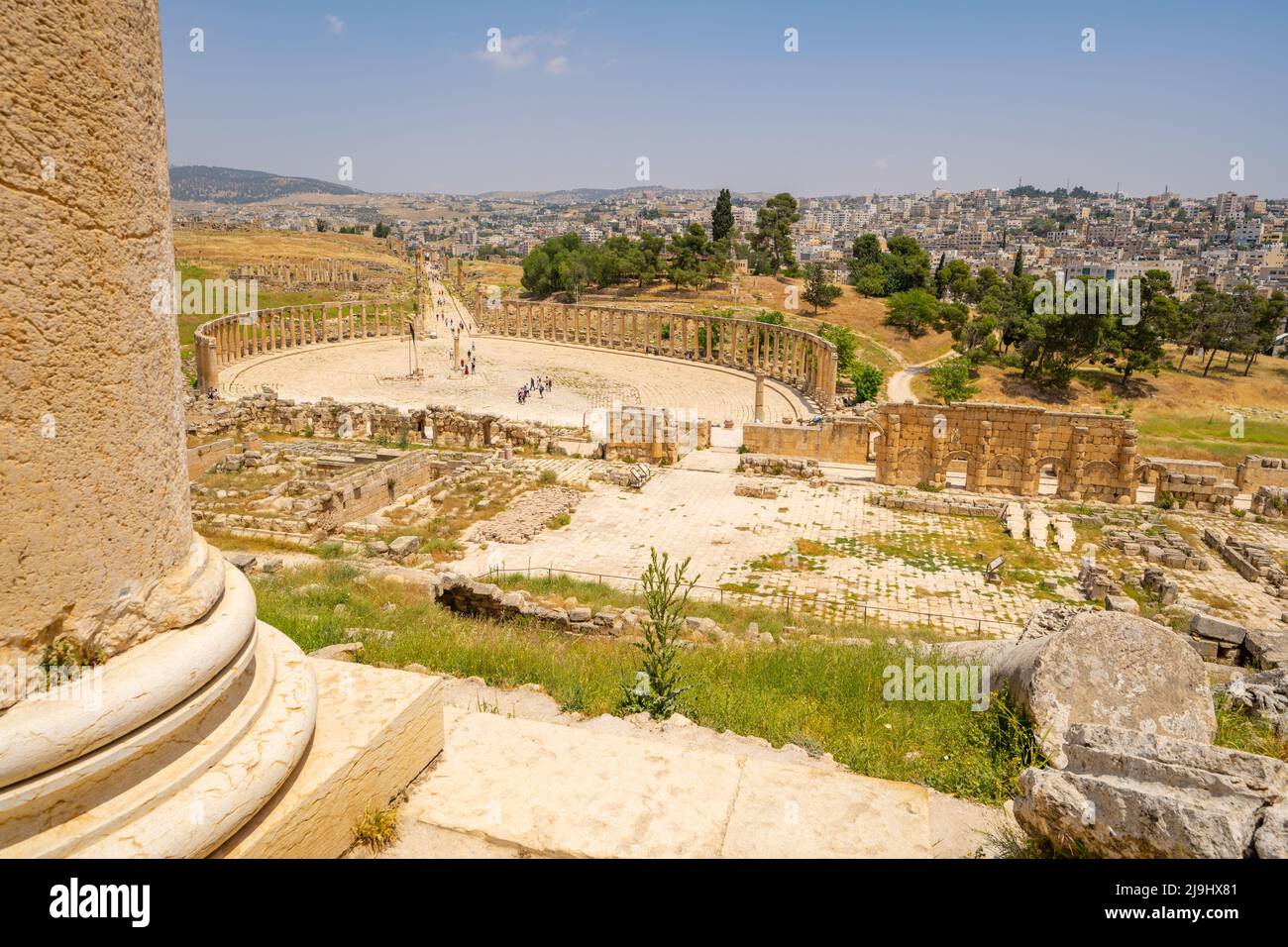 The Forum in the Roman ruins of Jerash from the upper temple of Zeus ...