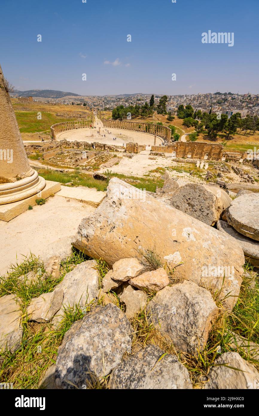 The Forum in the Roman ruins of Jerash from the upper temple of Zeus ...
