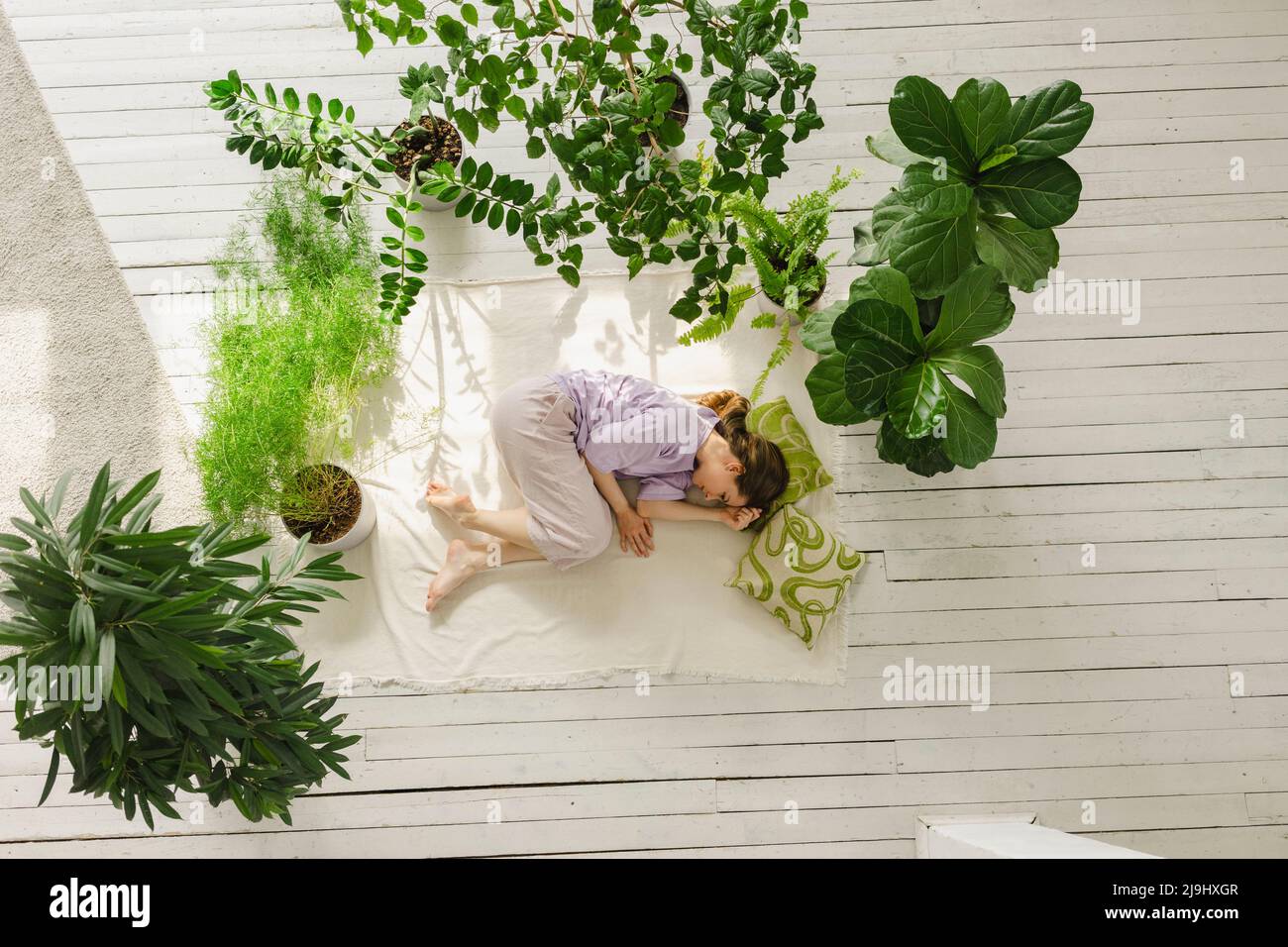 Woman relaxing amidst potted plants at home Stock Photo - Alamy