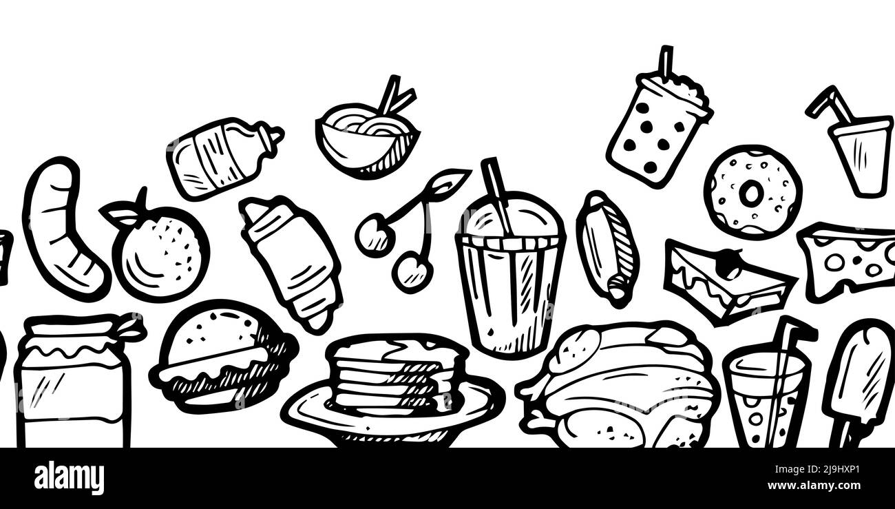 Set of food. Border frame. Baking buns and meat dishes. Hand drawing ...