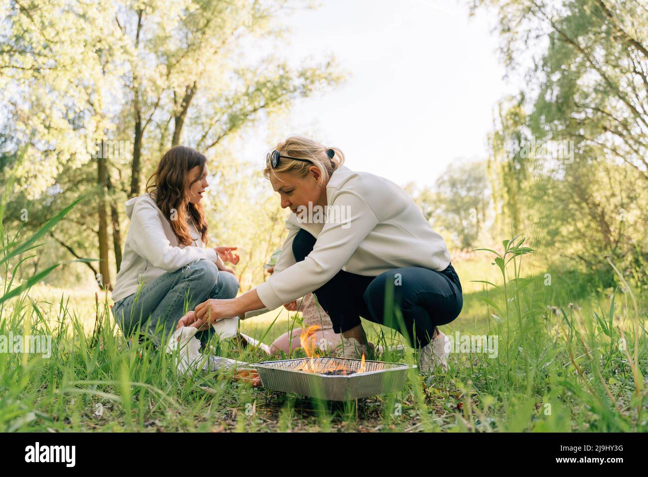 Family with small child, teen and grandmother doing bbq on the nature ...