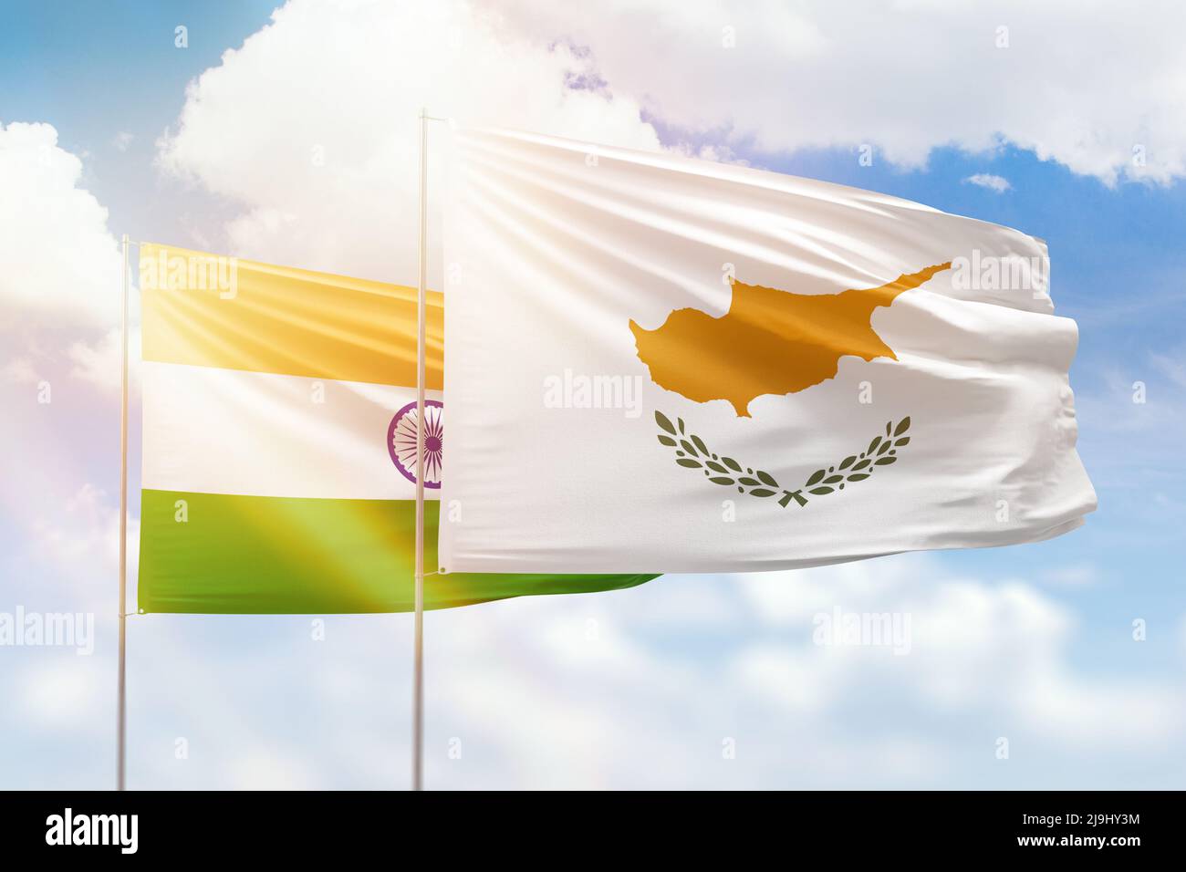 Sunny blue sky and flags of cyprus and india Stock Photo - Alamy