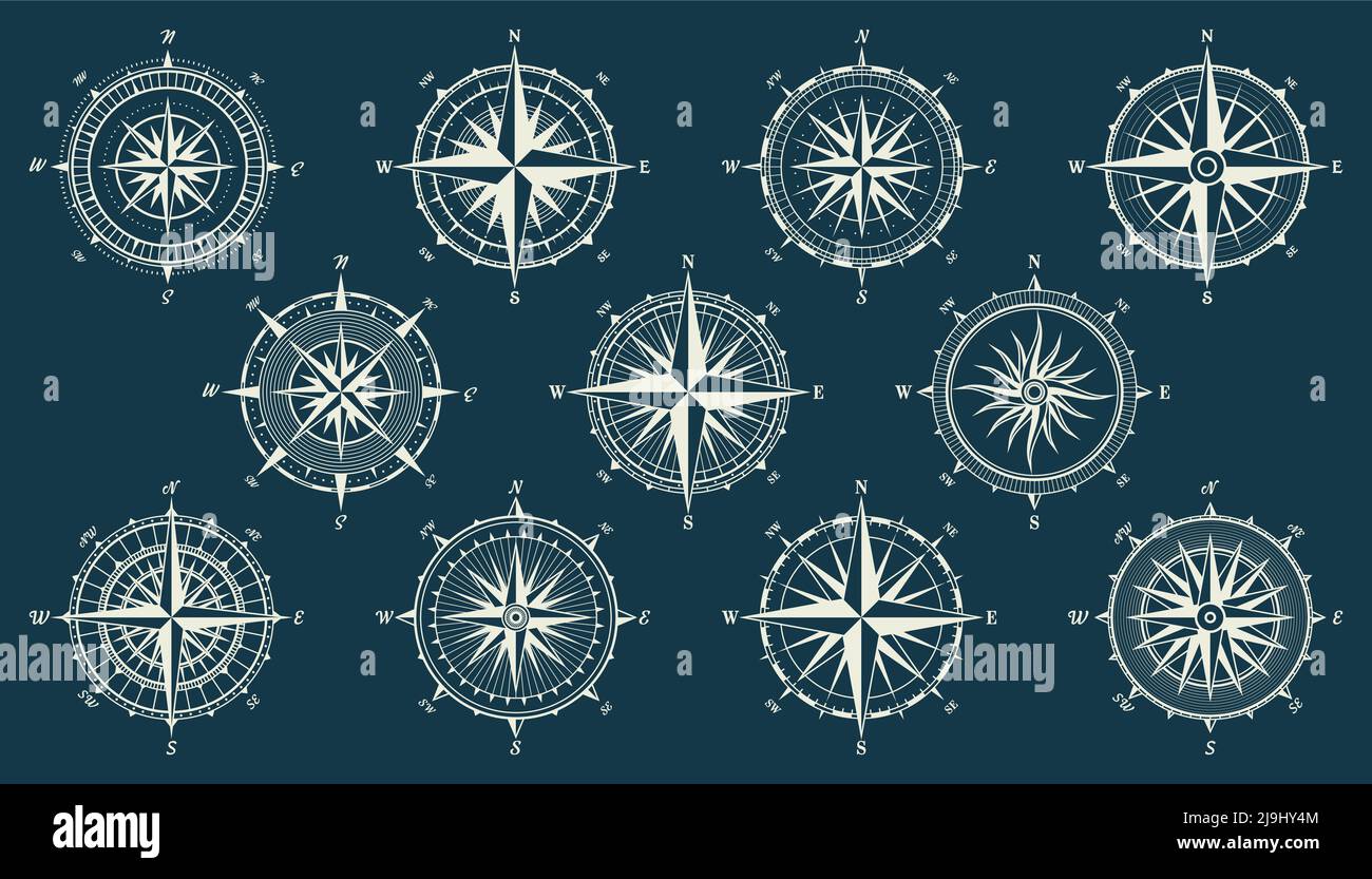 Vintage marine wind rose, nautical chart. Monochrome navigational ...