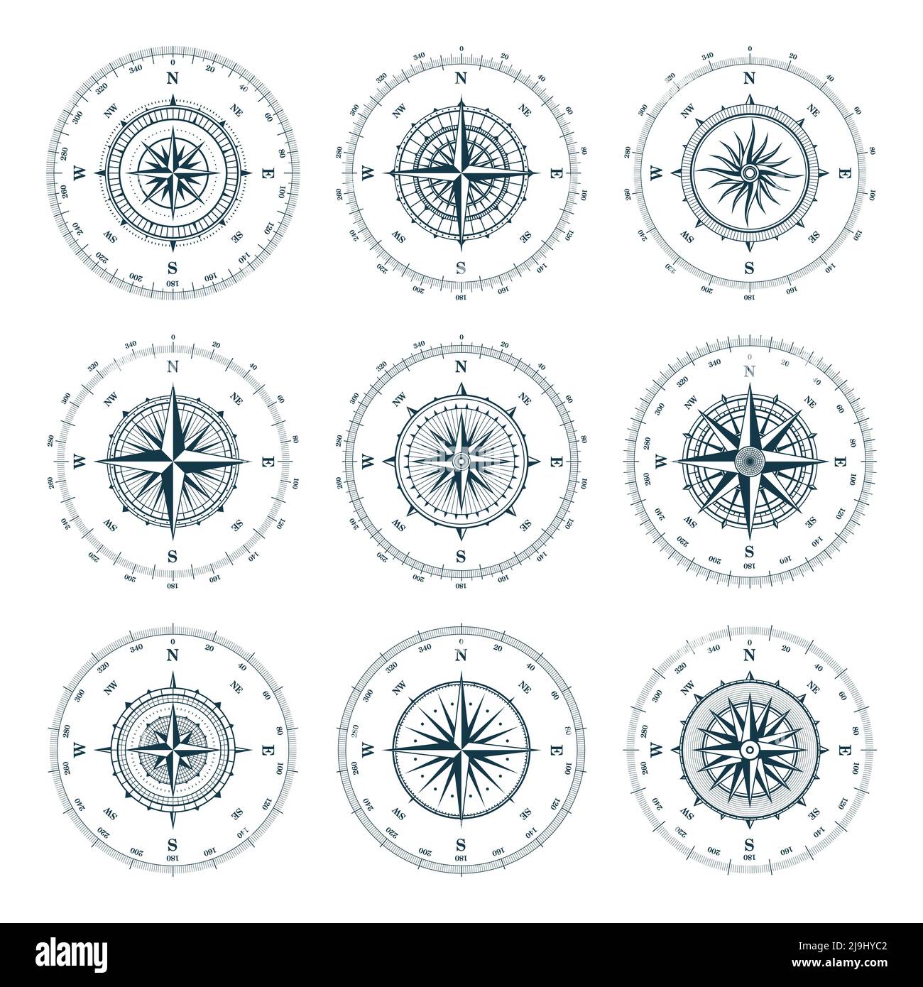 Vintage marine wind rose, nautical chart. Monochrome navigational ...