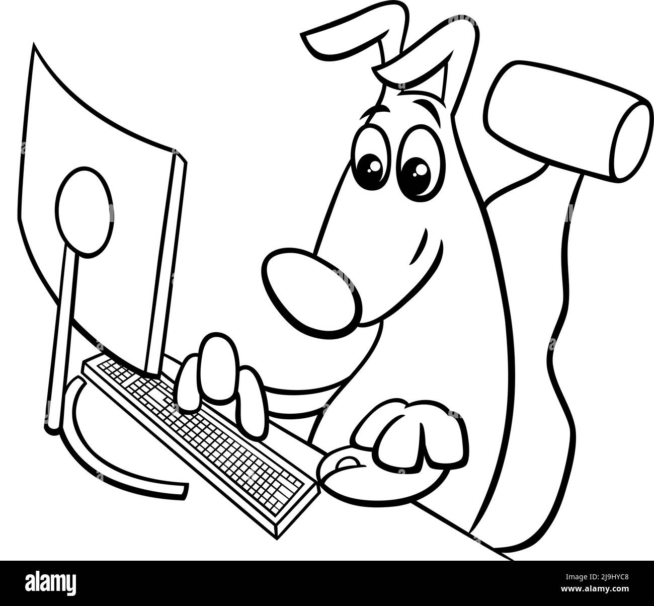 Black and white cartoon illustration of funny dog animal character with ...