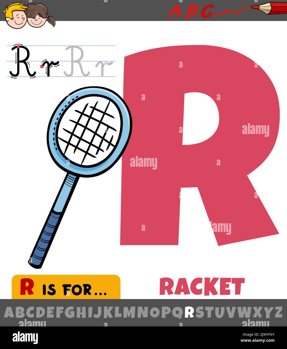 Educational cartoon illustration of letter R from alphabet with racket ...
