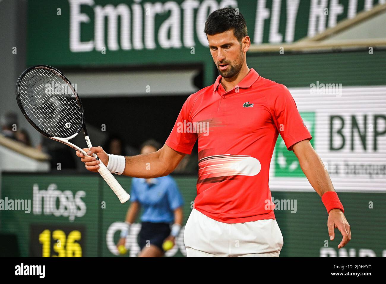 Novak DJOKOVIC of Serbia looks dejected during the Day two of Roland ...