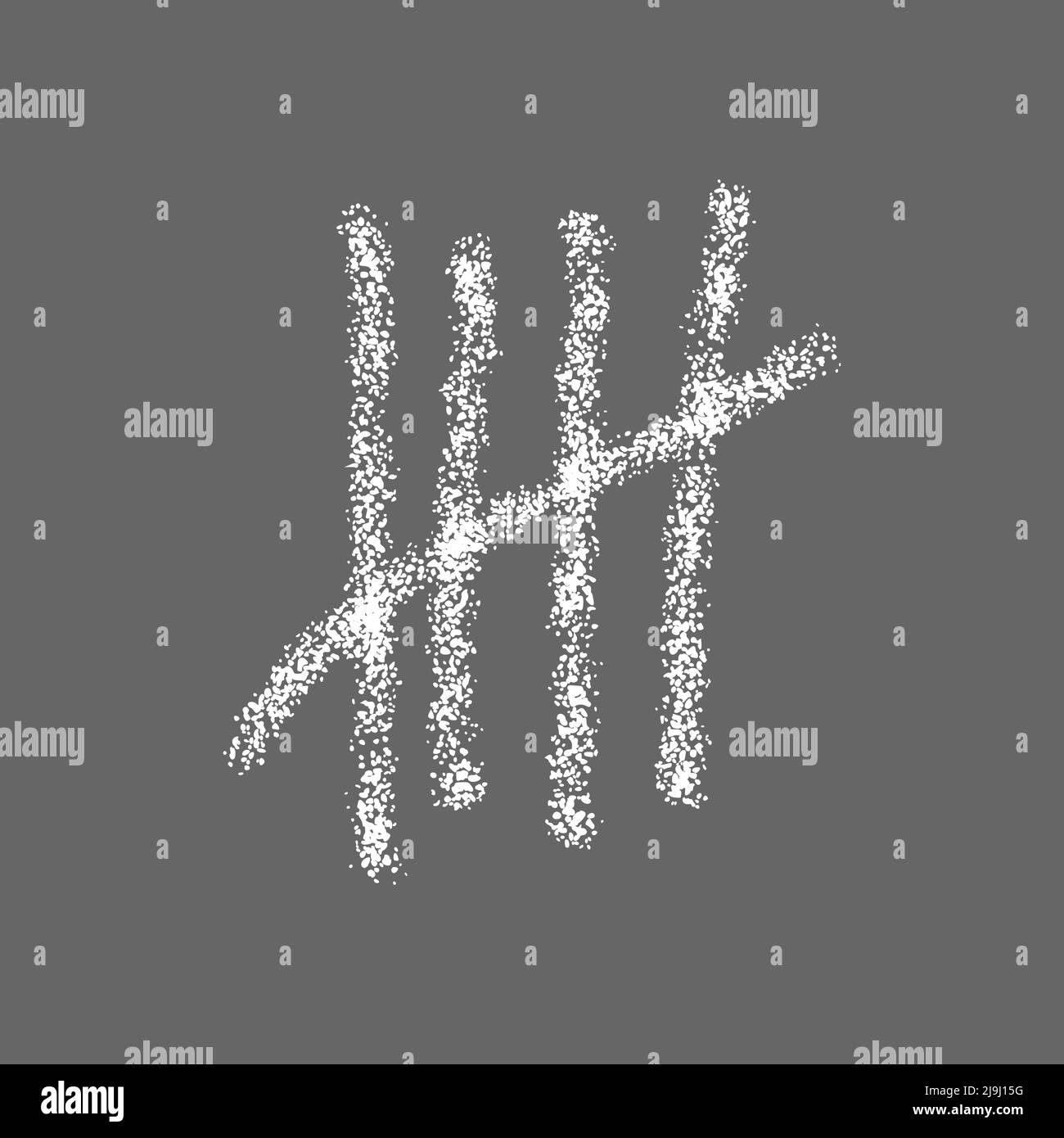 White chalk drawn tally mark on gray background. Four handdrawn sticks crossed out by slash line ...