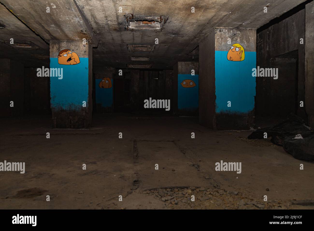 Wroclaw, Poland - June 2021: Big pillars in basement of building with ...
