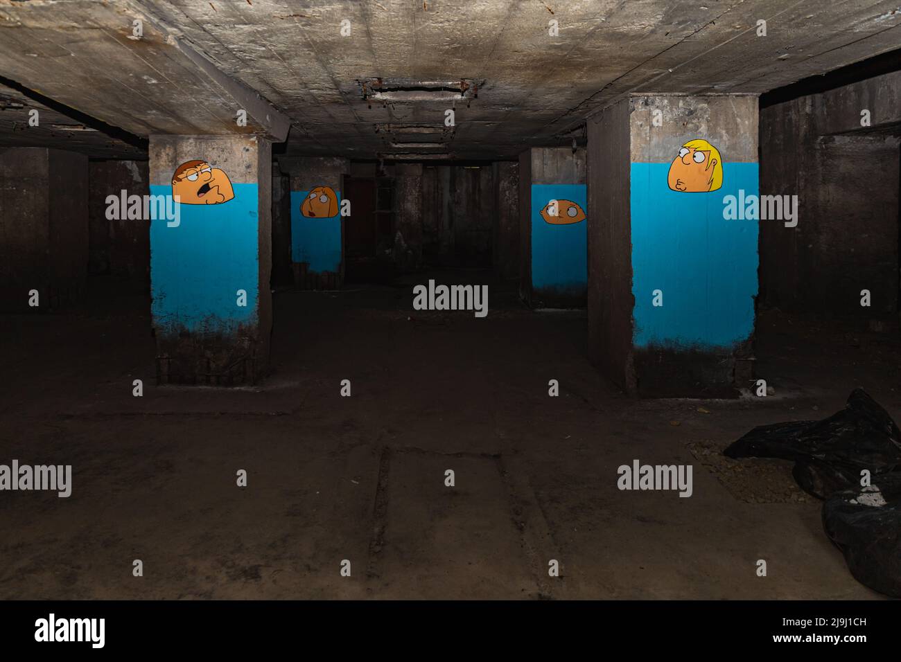 Wroclaw, Poland - June 2021: Big pillars in basement of building with ...