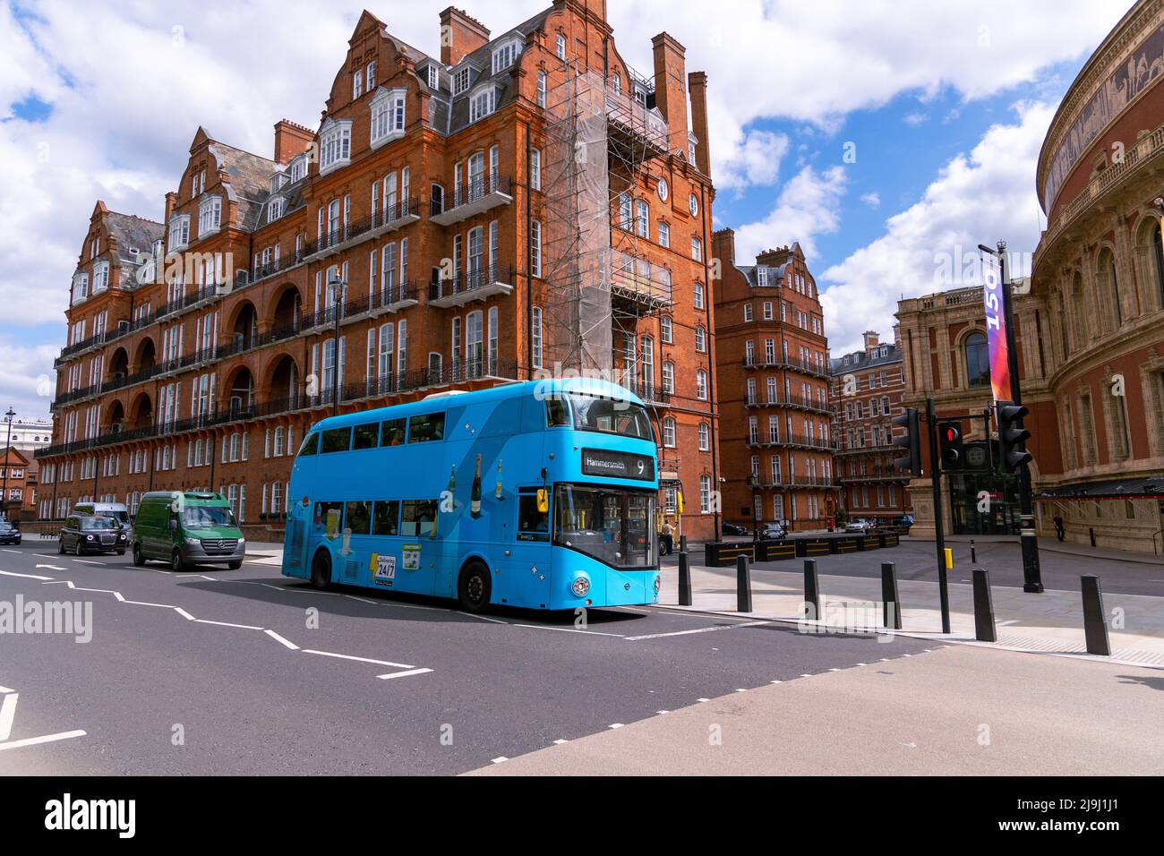Blue double-decker bus near Royal Albert Hall, London, Great Britain ...