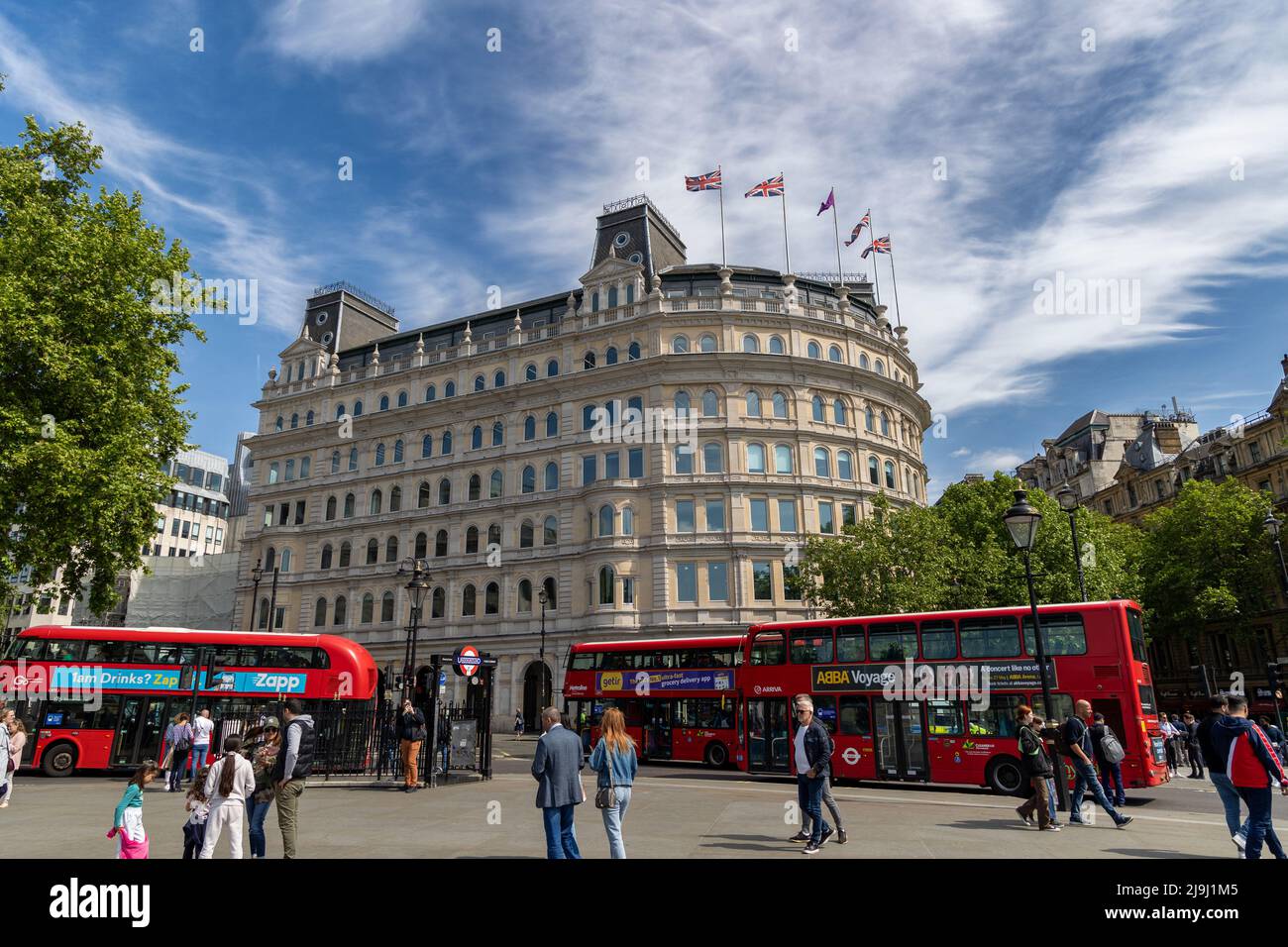 London, England - May 13, 2022: Trafalgar Square and busy roundabout ...