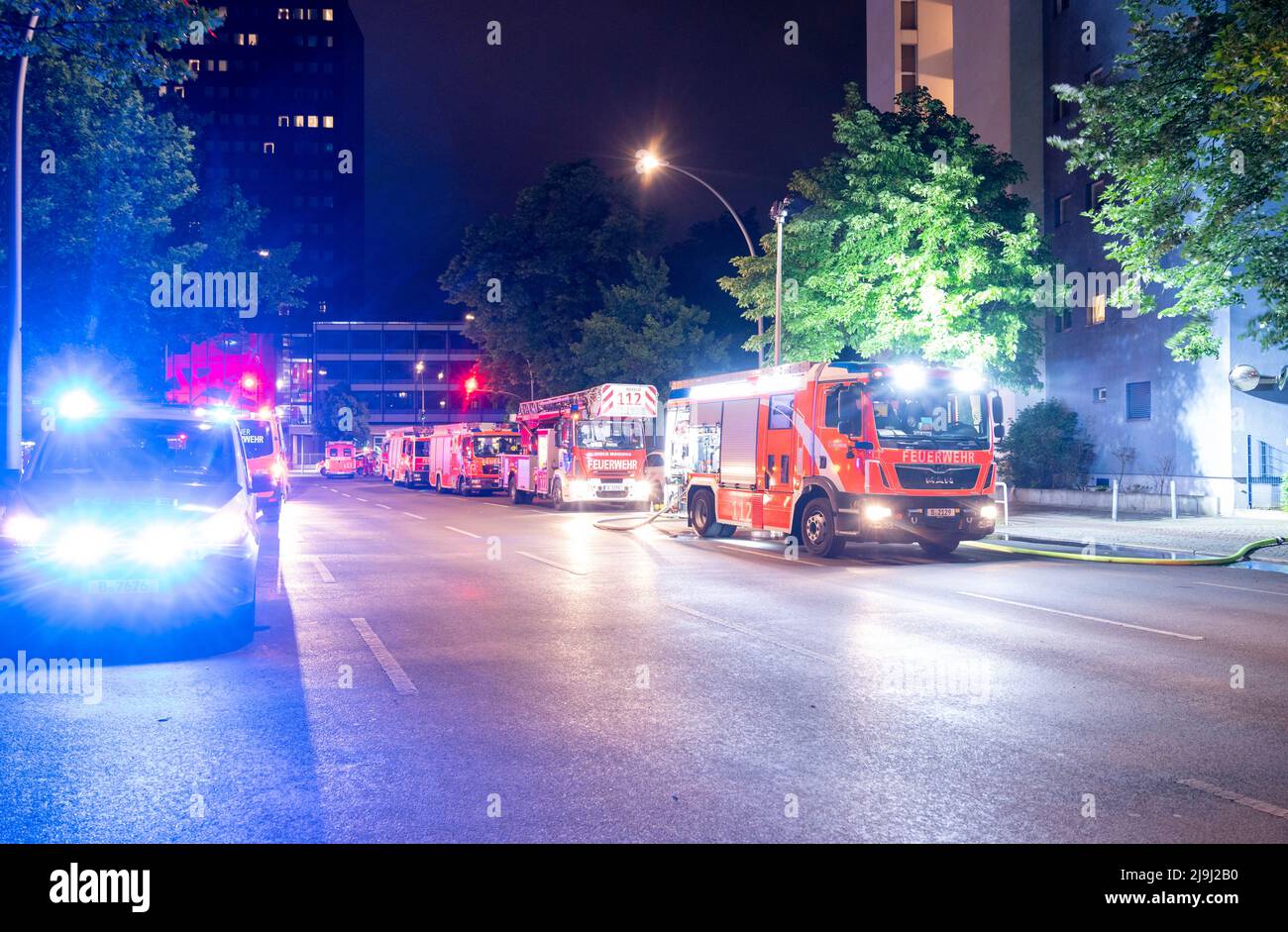 Berlin, Germany. 23rd May, 2022. Fire engines stand in front of a high ...