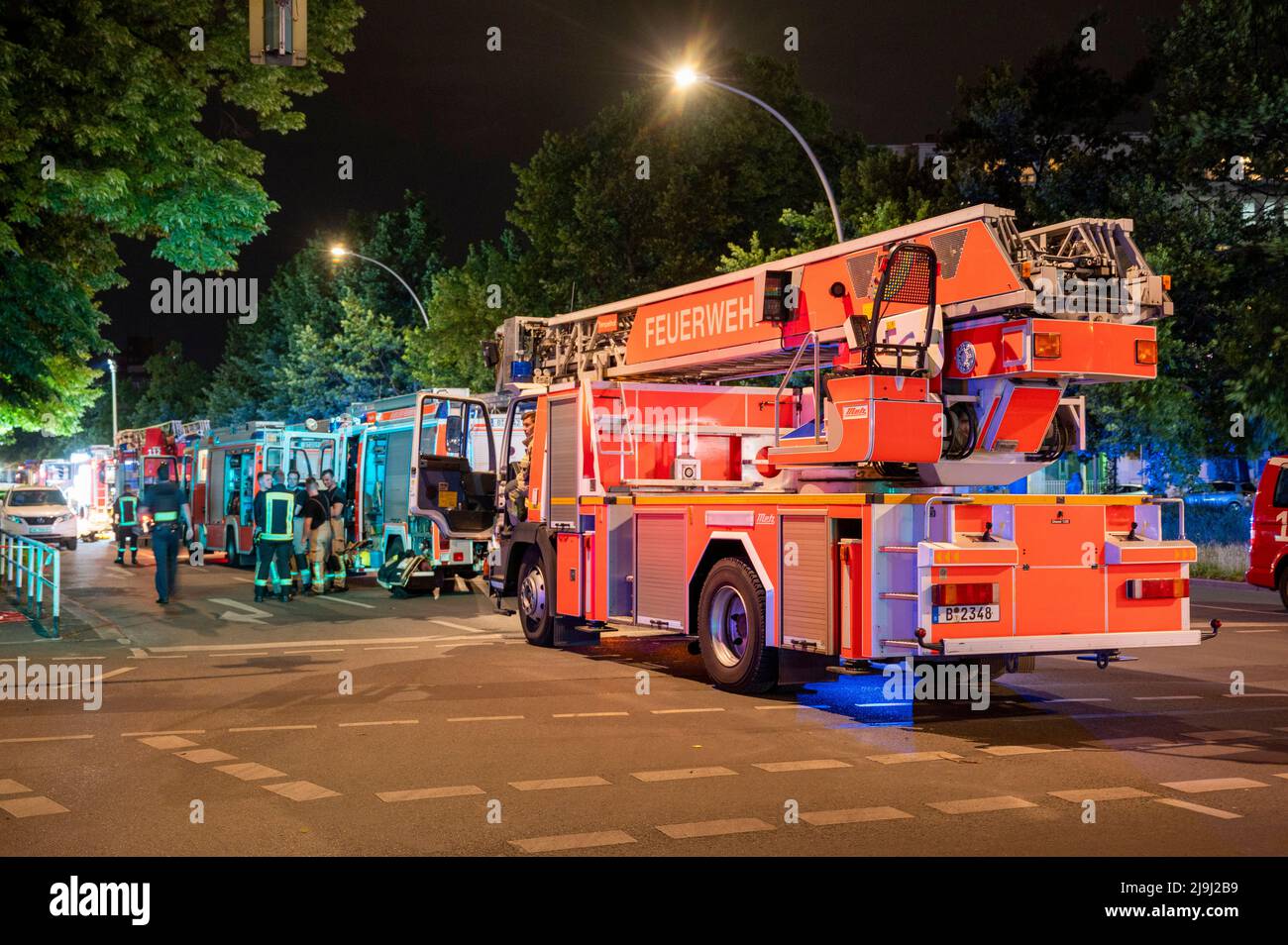 Berlin, Germany. 23rd May, 2022. Fire engines stand in front of a high ...