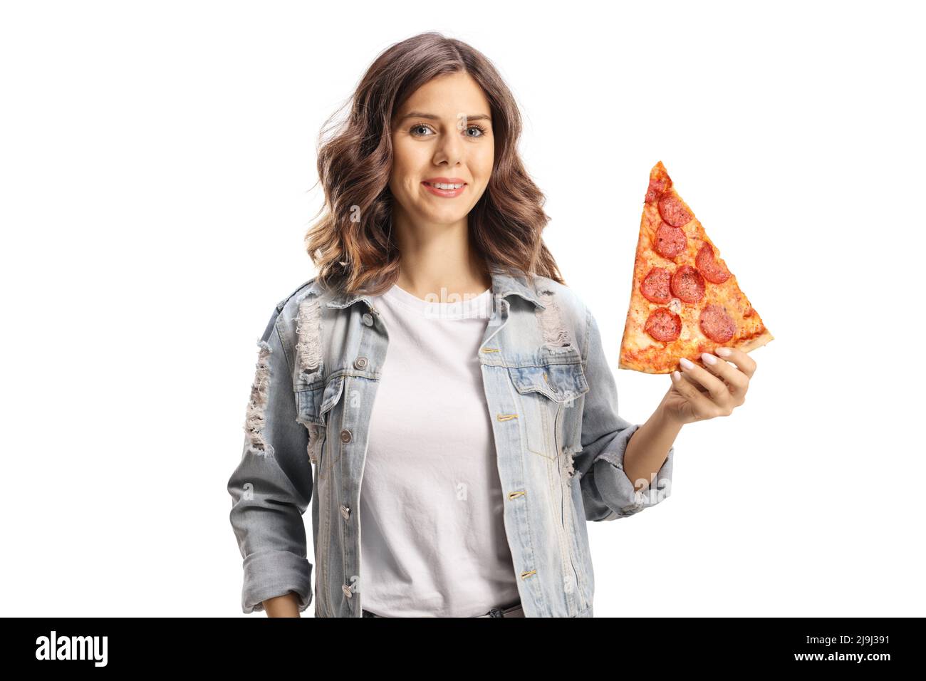 Young beautiful casual woman holding pepperoni pizza slice isolated on ...