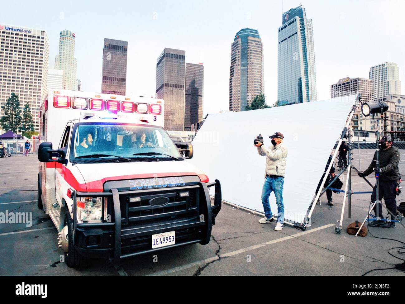 AMBULANCE, from left: Jake Gyllenhaal, Yahya Abdul-Mateen II, director ...