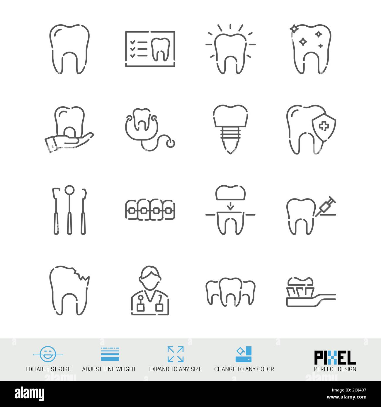 Dentistry and dental care related vector line icon set isolated on ...