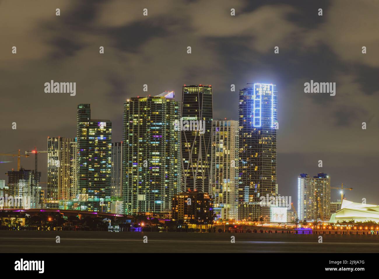 Miami business district, lights and reflections of the city lights ...