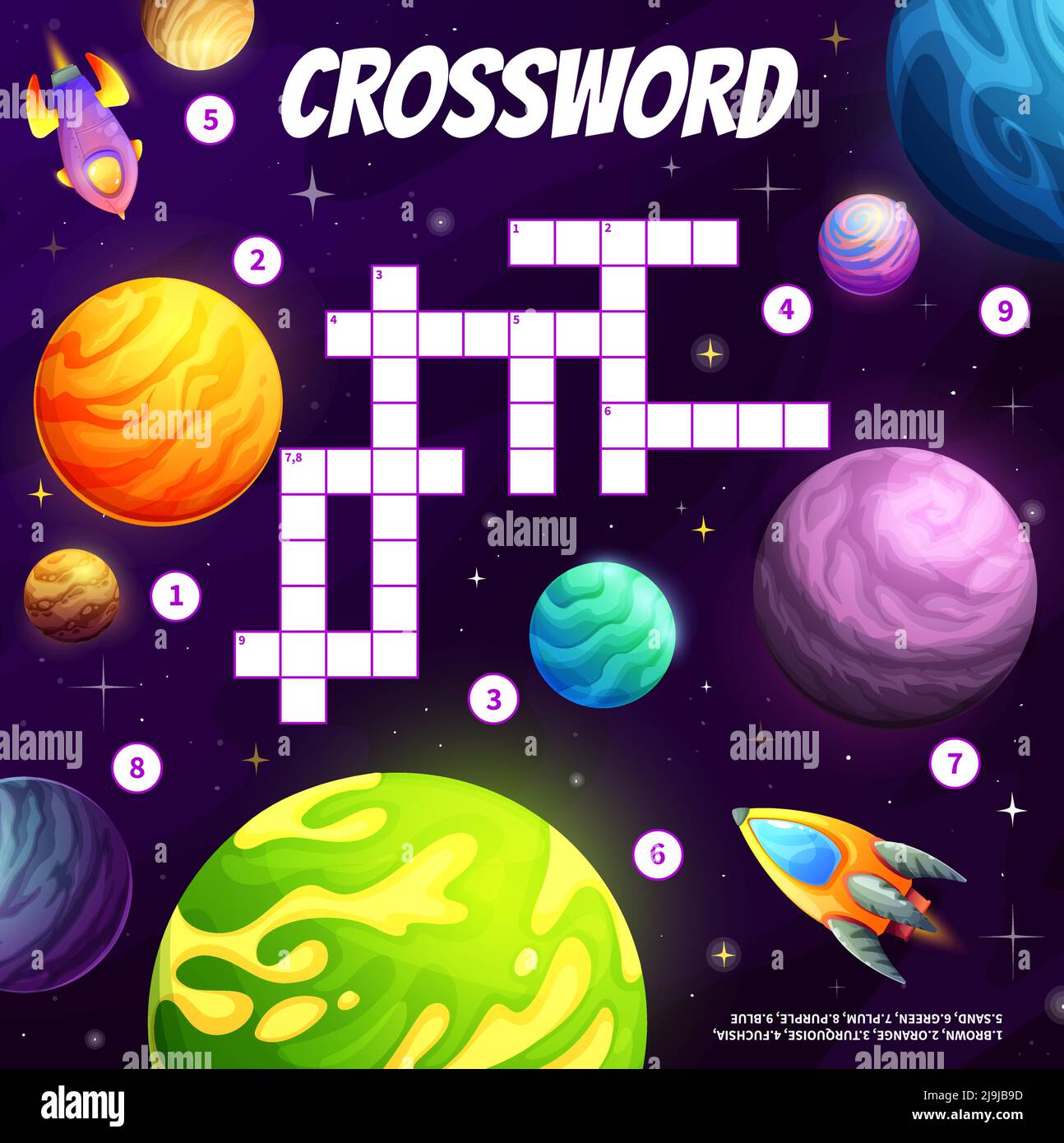 Galaxy, space planets and rockets. Crossword grid worksheet. Find a ...
