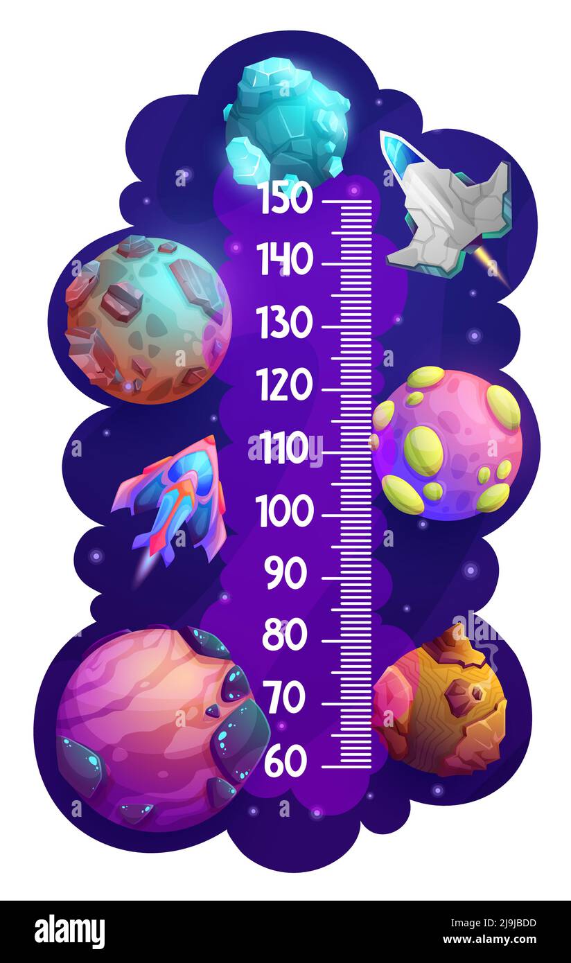 Kids height chart ruler with cartoon space planets and starship, vector ...