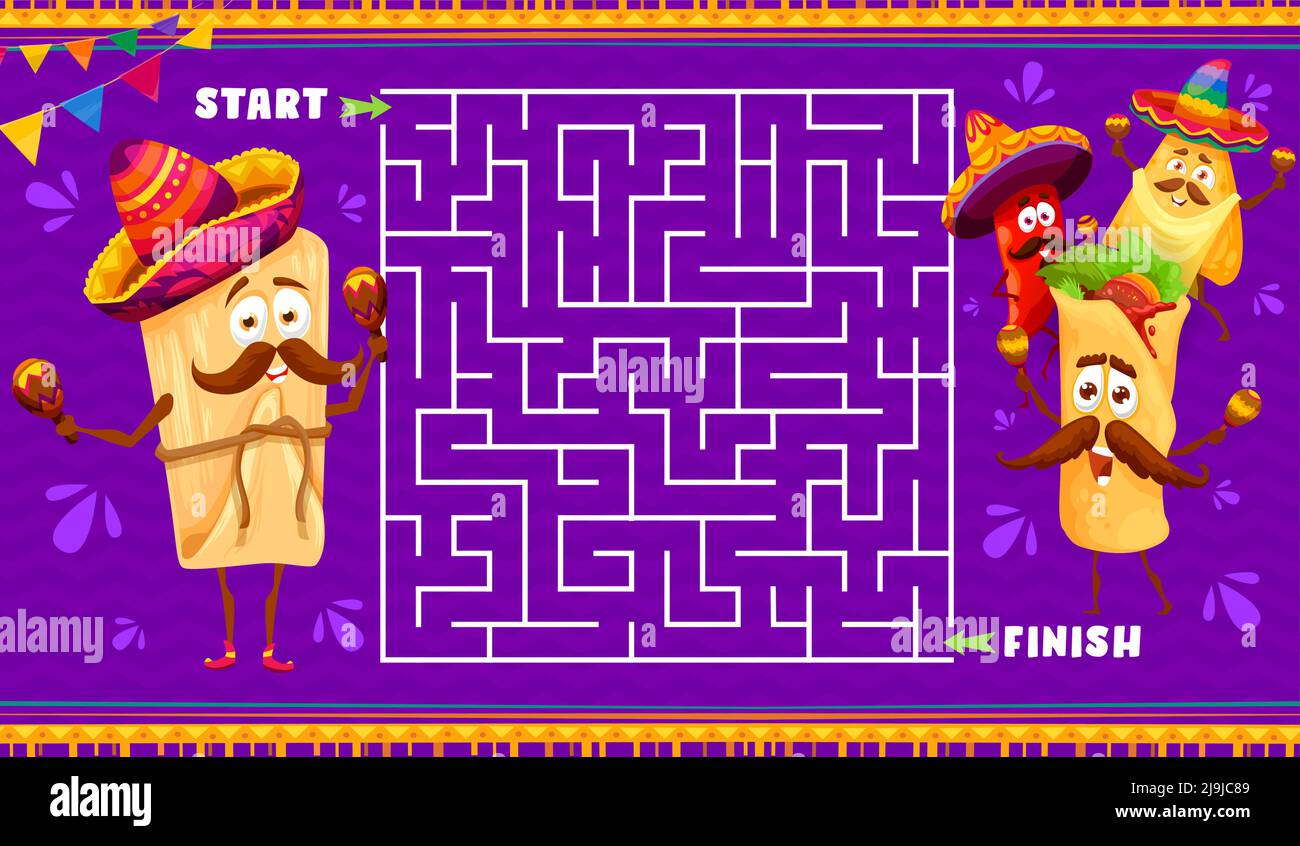 Cartoon mexican tex mex food characters labyrinth maze. Kids vector ...