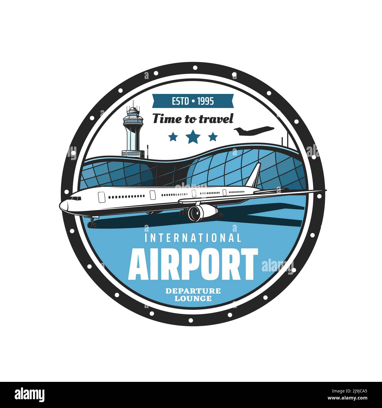Airport icon with vector plane on runway, airplane in the sky, airport ...