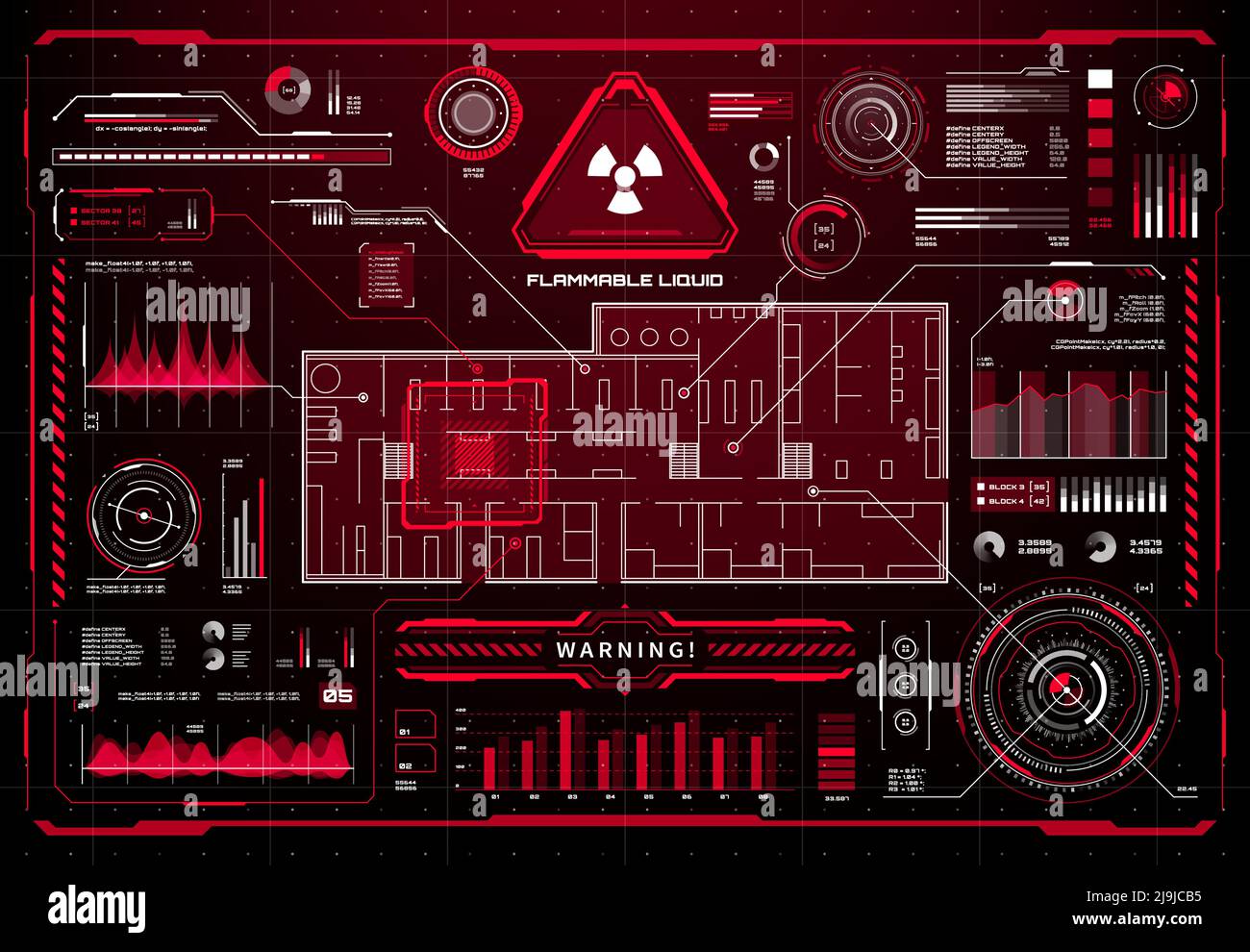 HUD fire protection and safety system display interface. Warning alert ...