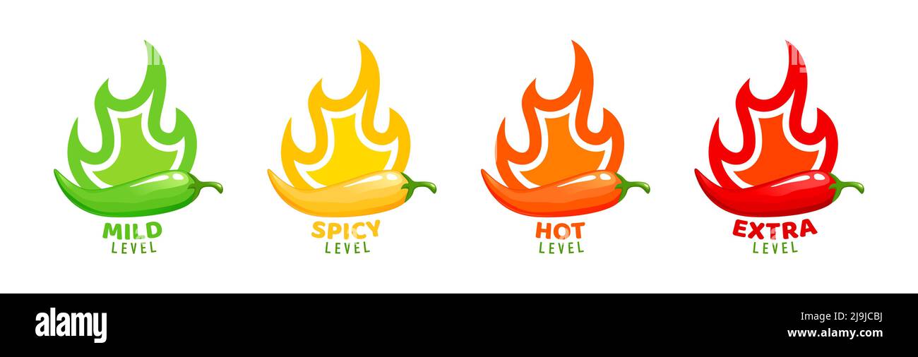Spicy level labels with fire flames of peppers, mild, medium and extra ...